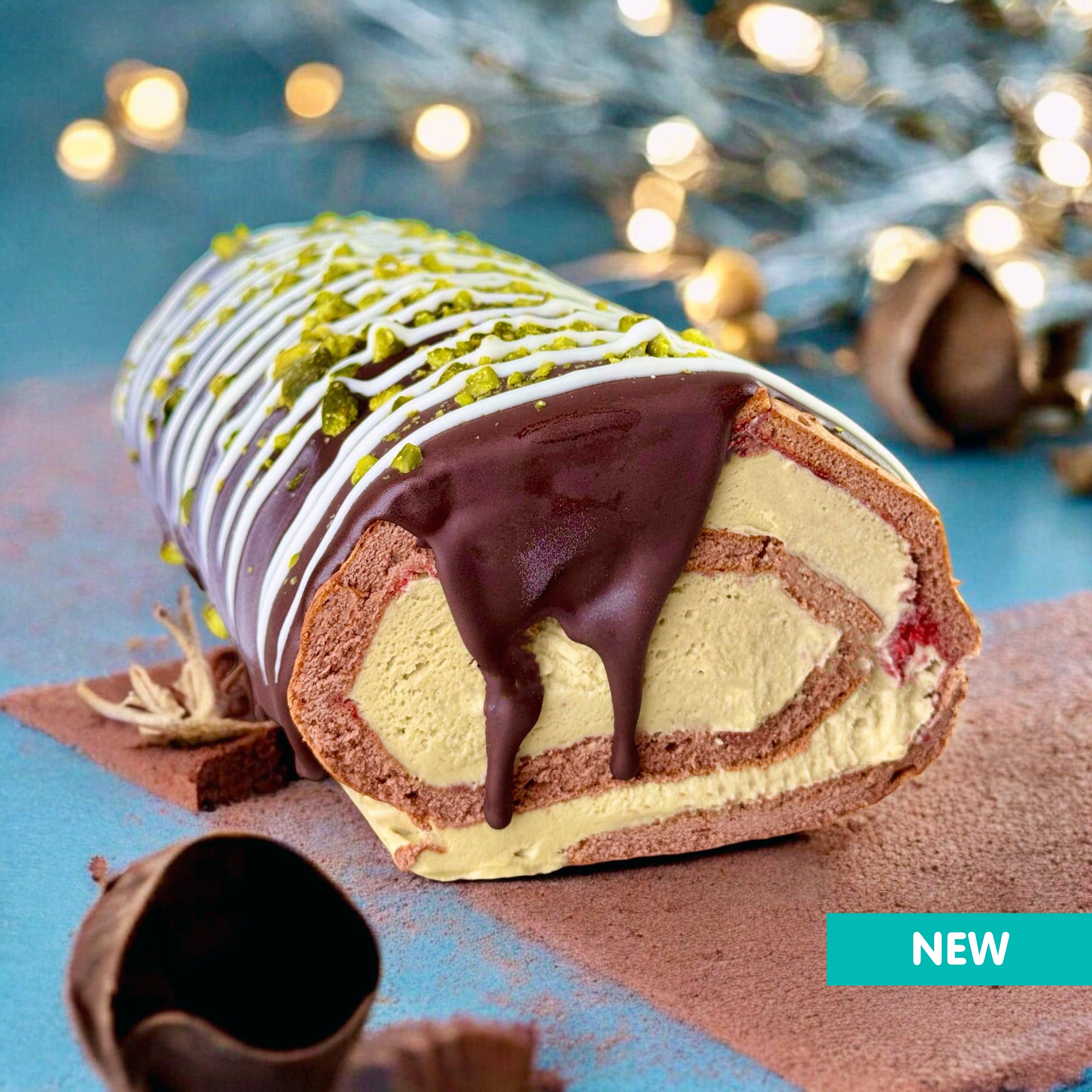 Pistachio, Chocolate & Raspberry Swiss Roll | Llanfaes Dairy Ice Cream